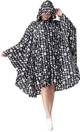 Nuur Damen Regenponcho Regenmantel Unisex Regenjacke Wasserdicht Regencape Wiederverwendbar mit KapuzeSchwarz Blumen