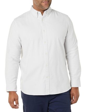 Amazon Essentials Herren Langärmliges Hemd aus Stretch-Oxford in normaler Passform (erhältlich in Big & Tall), Hellgrau Vertikale Streifen, XS