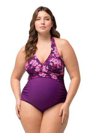Ulla Popken Damen große Größen Übergrößen Plus Size Bellieva-Badeanzug, Blüten, Umstandsmode, Softcups Brombeere 46 822775825-46