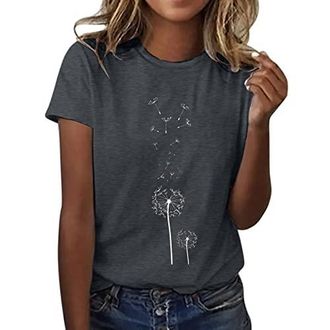 Generic T-shirt &agrave; manches courtes pour femme avec col rond Motif pissenlit pour femme, gris fonc&eacute;, XXL