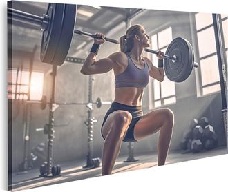 Islandburner Bild auf Leinwand Frau trainiert Kniebeugen mit Langhantel im Fitnessstudio f&uuml;r Fitnessraum Fitness-Enthusiasten Sportgesch&auml;ft Bilder Wandbilder Poste