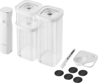 Zwilling FRESH & SAVE CUBE Vakuum Starter Set, Größe S, 6-teiliges Vakuum-Aufbewahrungsset inkl. 3x CUBE Boxen S, Vakuumpumpe, Messlöffel, NFC-Etiketten