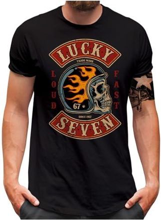 Lucky 7 T-shirt pour homme - Vintage Flame Skull Hell Racer Loud & Fast Chopper Biker L7 - S - 5XL, Noir, 4XL