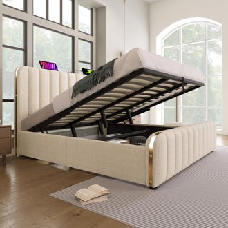 Suky Brand Polsterbett Doppeltes, USB Typ-C Ladefunktion, gepolstertes Kopfteil mit goldenen Zierstreifen und, Leinen-Material Hydraulisches Lagerbett (Beige/Ohn
