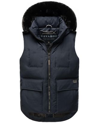 Navahoo Damen ärmellose Outdoorweste warme Winterjacke mit Kapuze und abnehmbarem Kunstfell Zimthäschen XIV Navy Gr. XXL