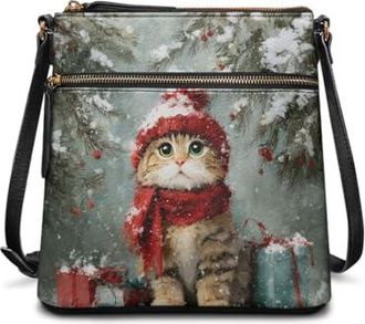 Coloranimal Sac &agrave; bandouli&egrave;re l&eacute;ger en cuir pour femme sur le th&egrave;me de No&euml;l pour t&eacute;l&eacute;phone portable, &Eacute;charpe bleue chat de No&euml;l