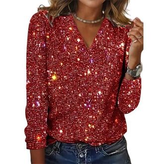 Generic Chemises pour le r&eacute;veillon du Nouvel An, col en V, manches longues, paillettes, haut &agrave; manches longues pour femme, Rouge, 3XL