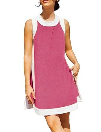 Generic Ensemble 2 pi&egrave;ces d&eacute;contract&eacute; pour femme, haut &agrave; col rond, manches courtes, short assorti avec poches, rose rouge, 3XL