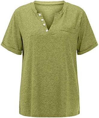 Generic Chemise unie à manches courtes pour femme - Coupe ample - Col en V - Bouton tendance - Couleur unie - Manches courtes - Poche - T-shirt ample - Vêteme