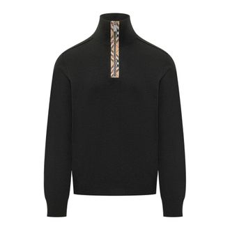 Burberry Homme, Pulls, Noir, Taille: 2XL Pull en laine &agrave; demi-fermeture &eacute;clair et finitions &agrave; carreaux