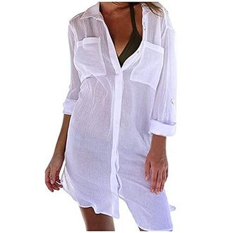 Generic Chemise de plage longue pour femme - Robe en lin blanc boh&egrave;me - Chemisier de plage l&eacute;ger &agrave; manches longues - Robe d&eacute;t&eacute; a&eacute;r&eacute;e - Manteau de plage en lin