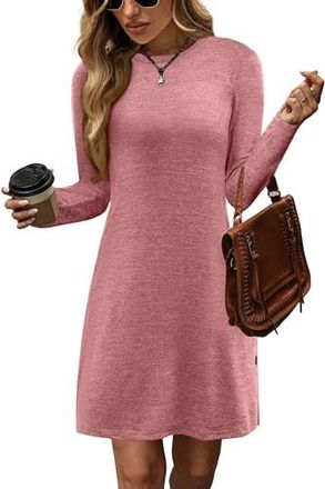 Zeagoo Robe Pull Femme Tricot&eacute;e Col Rond Basique Automne Hiver Robe Tunique D&eacute;contract&eacute;e avec Manches Longues Rose Fonc&eacute; XL