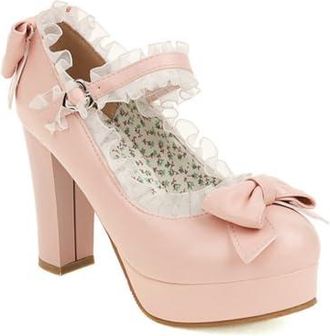 Generic Femmes Bout Rond Chunky Talon Lolita Chaussures Cheville Sangle Arc Princesse Plate-Forme Pompes Chaussures De Fête,Rose,39 EU