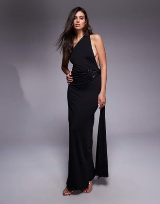 Aria Cove Doppellagiges Maxikleid mit figurbetontem, anschmiegsamem Schnitt in Schwarz mit R&uuml;ckenausschnitt, Metalldetail und geraffter Drapierung