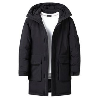 Generic Doudoune longue &agrave; capuche pour homme avec fermeture &eacute;clair int&eacute;grale et amovible, manteau dhiver chaud et l&eacute;ger, Noir, 3XL