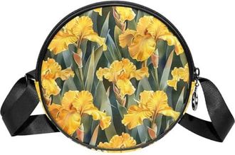 Generic Petit sac &agrave; bandouli&egrave;re rond pour femme, motif floral jaune iris avec fermeture &eacute;clair, bretelles r&eacute;glables, sac &agrave; main rond d&eacute;contract&eacute; pour femmes e