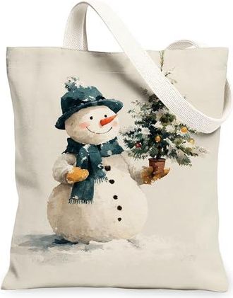 Generic Sacs fourre-tout en toile motif bonhomme de neige r&eacute;utilisables, avec bandouli&egrave;re l&eacute;g&egrave;re et lavable pour salle de sport, ext&eacute;rieur, voyage, 33 x 38,1 