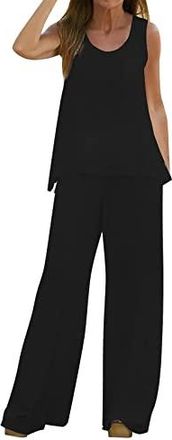 Generic Ensemble deux pi&egrave;ces pour femme - Col rond - Sans manches - D&eacute;bardeurs avec pantalon large - Tenue de vacances d&eacute;t&eacute; unie - Ensemble assorti, Noir, XXL