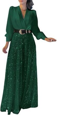 Generic Combinaison à paillettes à manches longues pour femme, robe longue scintillante, combinaison élégante de soirée, combinaison tendance à col en V, ense