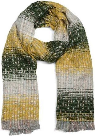 styleBREAKER &eacute;charpe pour femmes avec motif tiss&eacute; &agrave; rayures, des paillettes et des franges courtes, hiver, &eacute;tole, foulard 01017114, couleur:Jaune-vert fonc&eacute;-gris c