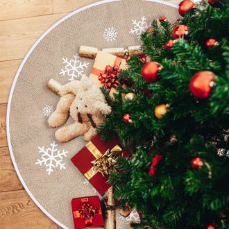 Tatuo Weihnachtsbaum Rock Weiße Schneeflocke Gedruckt Sackleinen Baum Röcke Base Abdeckung für Weihnachten Weihnachtsfeiertag Dekorationen (100 cm)