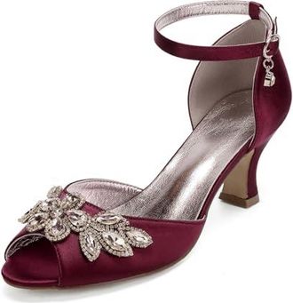 Generic Chaussures Femme Mariage Satinée Kitten Heels Escarpins Open Toe High Heels Mariée Bas Sandales 6.5Cm,Burgundy,42 EU