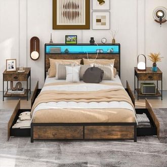 Giantex Lit 160x200 cm avec Éclairage LED, Lumières Réglables, Cadre de Lit pour 2 Personnes, 1 Prise de Courant, 1 USB et 1 Type C, 4 Tiroirs de Rangement av