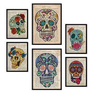 Nacnic Ensemble de 6 affiches de cr&acirc;nes vintage. Collection de plaques avec collage esth&eacute;tique pour la d&eacute;coration dint&eacute;rieur. Tailles A3 et A4. Sans cadre