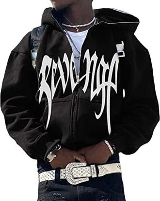 ORANDESIGNE Sweat à Capuche Homme Sweat-Shirt avec Fermeture Éclair Ample Imprimé Lettres Manche Longue Hip Hop Streetwear Zippée Veste à Capuche E-Girl Années 90