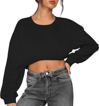 Generic Haut court &agrave; manches longues pour femme - Haut de sport confortable et doux - Grande taille - Pull d&eacute;contract&eacute; confortable &agrave; col rond - Sweat-shirt co
