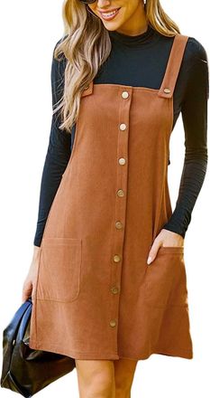 Cupshe Damen Cord Latzkleid Quadratischer Hals &Auml;rmellos Herbst Hosentr&auml;ger Kn&ouml;pfe Freizeitkleider mit Taschen Mini Dress Orange XL