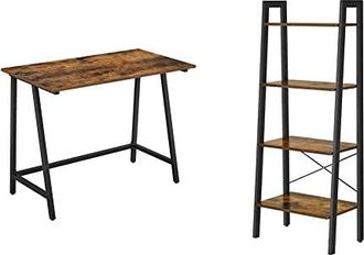 Vasagle Schreibtisch, Computertisch, 100 x 50 x 75 cm, vintagebraun-schwarz LWD40X & Regal, Bücherregal mit 4 Ebenen, Leiterregal, Standregal, für Wohnzimmer,