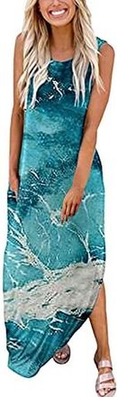 Generic Robe longue d&eacute;t&eacute; 2026 boh&egrave;me pour femme, col rond, sans manches, fendue, longue poche, d&eacute;bardeur de plage, bleu, XL