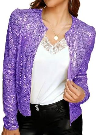 Generic Blazer à Sequins pour Femme, Veste décontractée Ouverte sur Le Devant, à Paillettes, Manches Longues, Blazer Court, Cardigan, Manteau