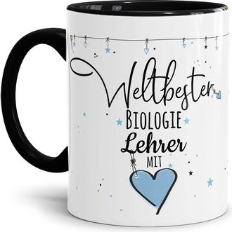 Tassendruck Tasse mit Spruch - Weltbester Lehrer mit Herz - Geschenk für den Biologie-Lehrer - Hochwertige Keramiktasse, Innen & Henkel Schwarz, 300 ml