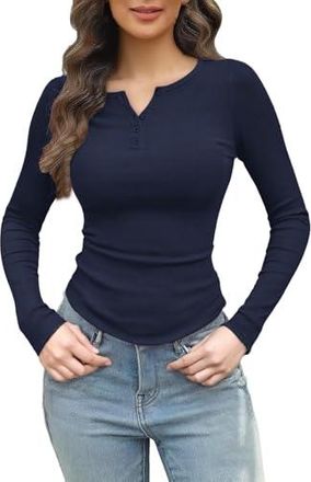 Generic Haut ajust&eacute; en tricot c&ocirc;tel&eacute; &agrave; manches longues avec col en V boutonn&eacute; pour femme, bleu marine, M