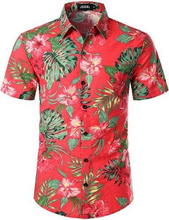 JOGAL Chemise hawa&iuml;enne, d&eacute;contract&eacute;e, &agrave; manches courtes, pour homme, motif floral, Corail rouge., XXL