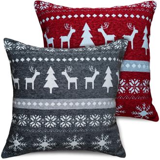Matches 21 Kissenbezug 45x45 cm Elche & Muster grau & rot - 2er Mix Set Kissenh&uuml;llen als Weihnachtsdeko
