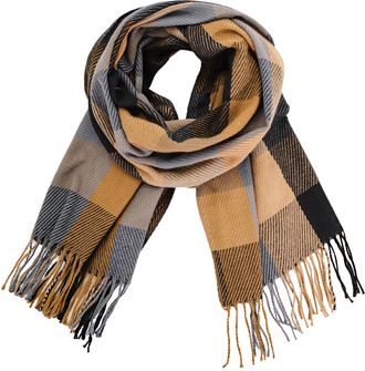 Glamexx24 Damen Winter Kariert Schal, Strickset Schal &uuml;bergro&szlig;er Quadratisch Deckenschal Halstuch Streifen Muster Fransen Ponch, Schwarz-Beige-Grau