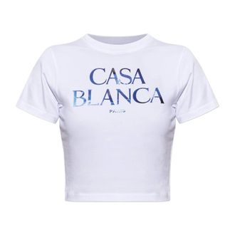 Casablanca Tee court Meduse Sportive &agrave; logo empil&eacute; - Femme - Tops - Blanc - Taille: 38 FR