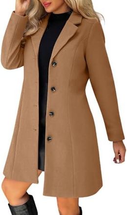 Generic Manteaux en laine pour femme automne-hiver habill&eacute;, mi-long &agrave; revers crant&eacute; simple boutonnage, trench-coat d&eacute;contract&eacute;, marron, XXL