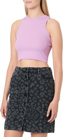 Love Moschino Damen Stretch Black Denim Miniskirt with Buttons Allover animalier Laser, Black Denim, 40 EU