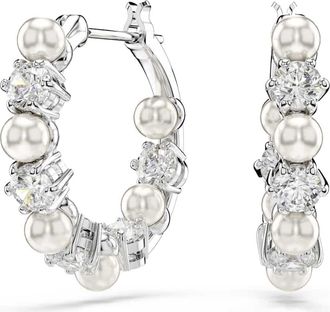 Swarovski Matrix Kreolen, Weiße und Rhodinierte Ohrringe mit Strahlenden Swarovski Kristallen im Rundschliff und Kristallperlen, Größe: 1.8 x 0.4 cm