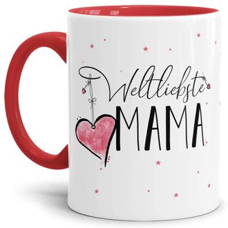 Tassendruck Tasse mit Spruch f&uuml;r die Weltliebste Mama - Kaffeetasse/Familie/Geschenk-Idee/Mug/Cup/Innen & Henkel Rot