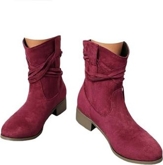Generic Bottines larges en daim pour femme à bout rond et talon bas - Chaussures mi-mollet confortables - Chaussures de cowgirl et cowboy - Chaussures de marc