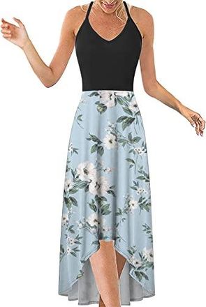 Generic Robe de plage d&eacute;t&eacute; d&eacute;contract&eacute;e sans manches avec imprim&eacute; floral et col en V pour femme 2026, bleu clair, L