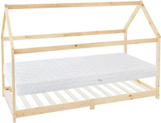 ML Design Kinderbett 90x200 cm Natur mit Matratze H:16 cm, Dach und Lattenrost, Hausbett für Mädchen/Jungen, Kinderhaus aus Kiefernholz, Bodenbett Jugendbett