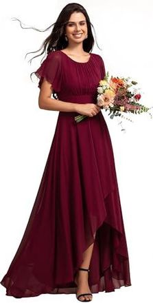 Ever-pretty Robe de Demoiselle dhonneur High Low Col Rond Manches Courtes Mousseline pour Femme Bordeaux 54
