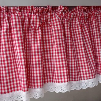 A.Monamour Gardine Scheibengardinen Kurzstores Baumwolle Bauernhaus Rustikal Weiß Rot Kariert Weiß Spitze Kurzvorhang Kurzgardinen Küchengardine Volants Küche Fe