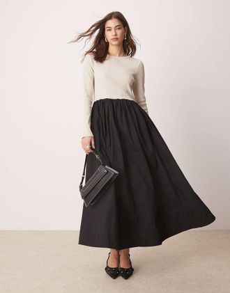 Vero Moda Robe longue 2-en-1 &agrave; manches longues en jersey et popeline - Noir/cr&egrave;me